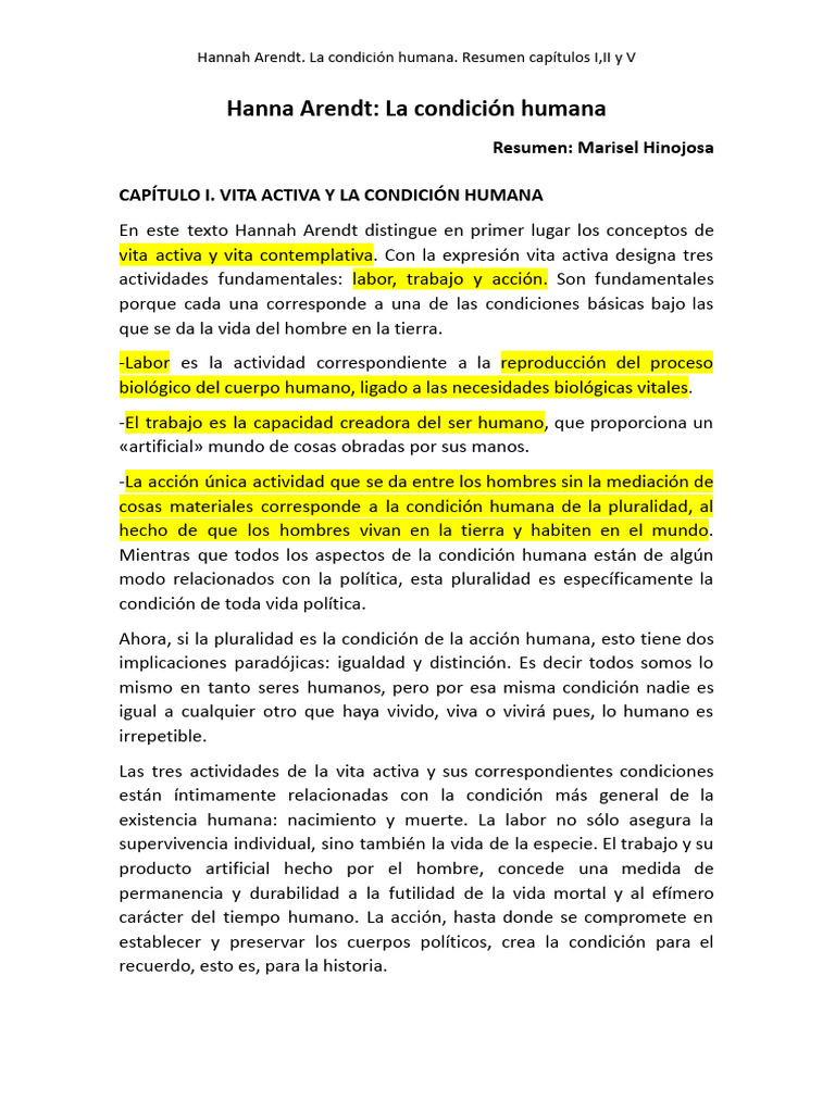 Arendt- H. La Condici-n Humana. Res. Marisel ARENT.docx | PDF | Hannah Arendt | Sociedad