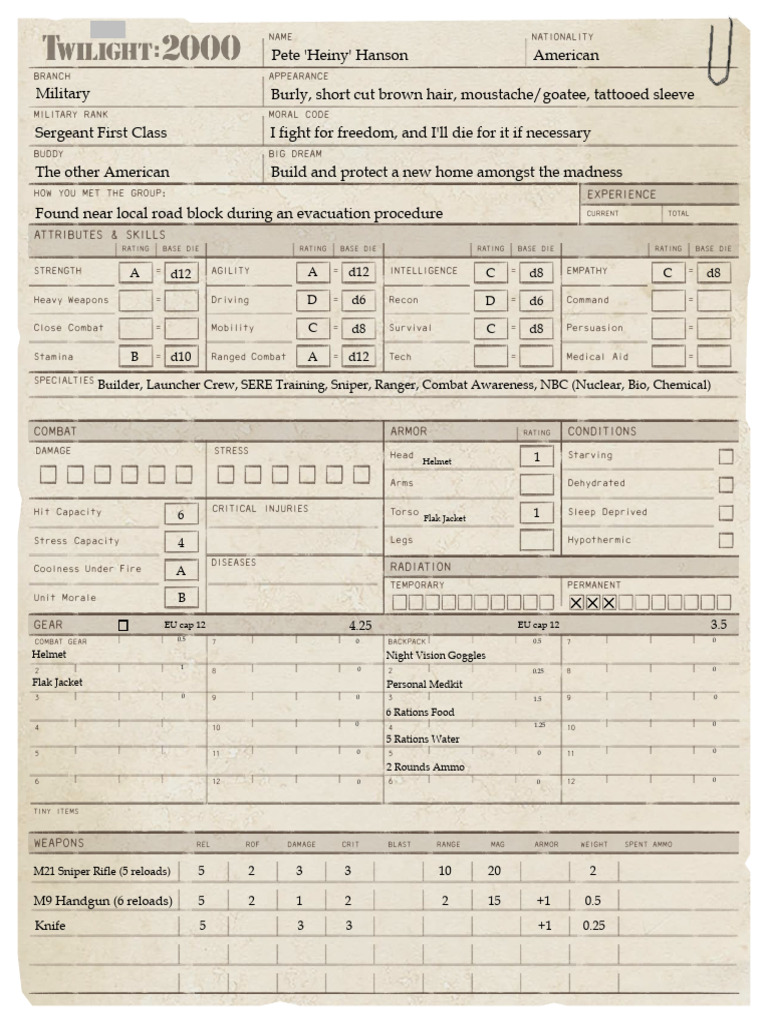 Pete Hanson T2K Sheet | PDF | Military Technology | Military