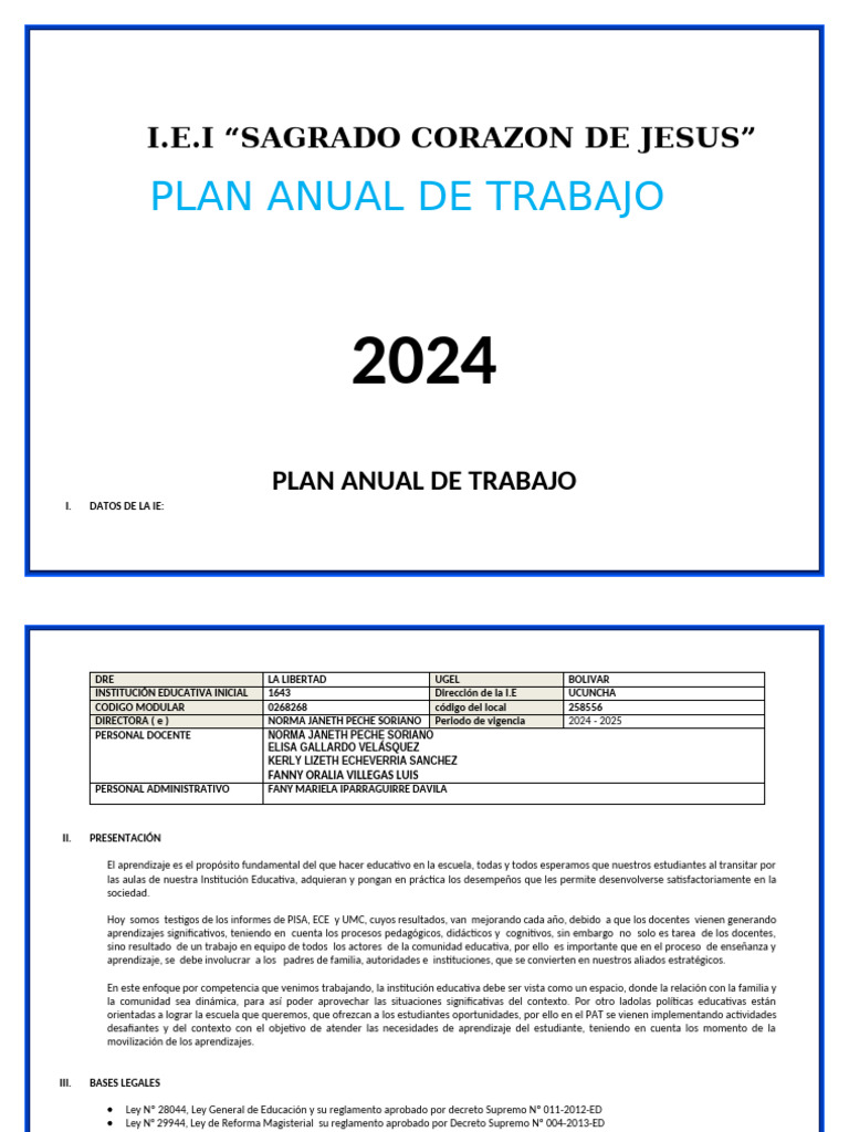 Plan Anual IEI Sagrado Corazón 2024 | PDF | Enseñando | Evaluación