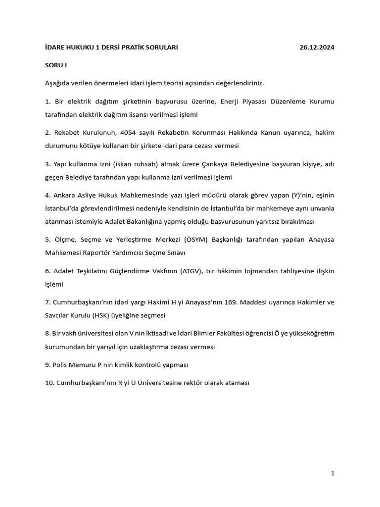 26.12. 2024 İdare Hukuku 1 Dersi Pratik Soruları | PDF
