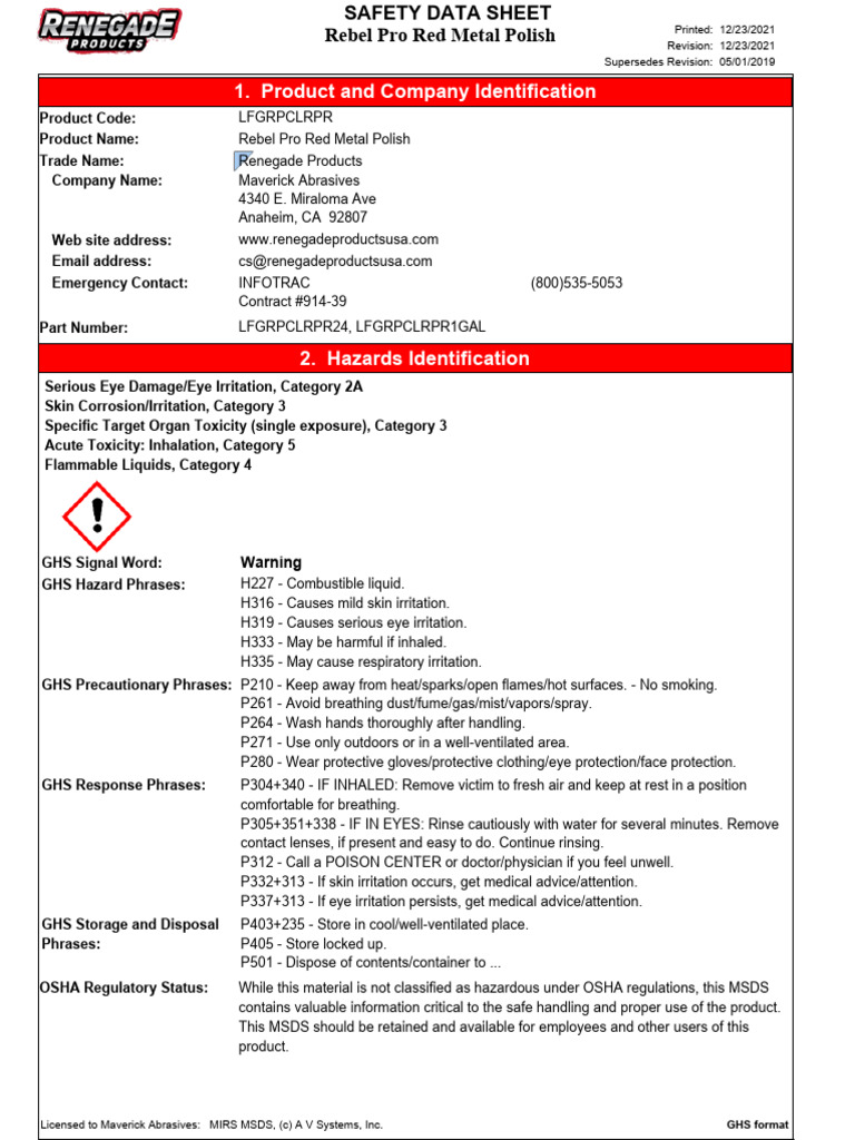 Rebel Pro Red Metal Polish Safety Data Sheet | PDF | Toxicity ...