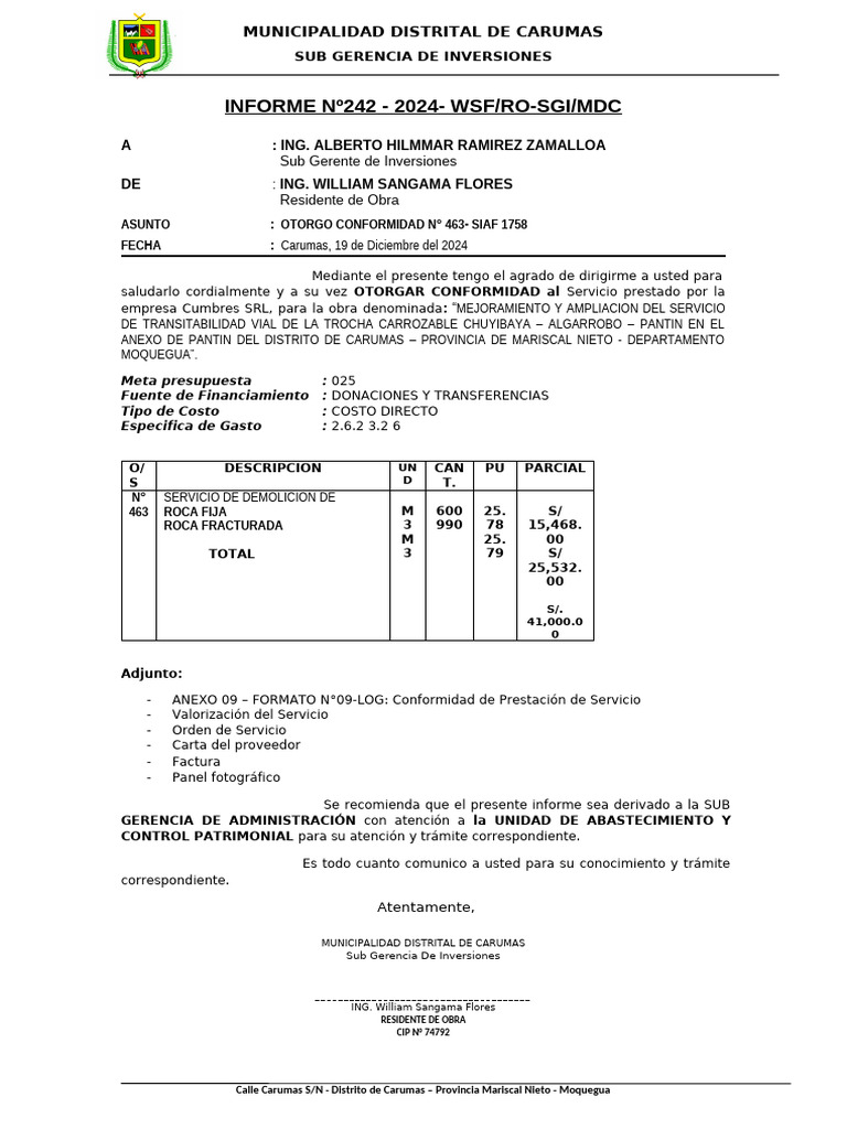 INFORME N°242 - CONFORMIDAD DE Excavadoras - Copexcel | PDF