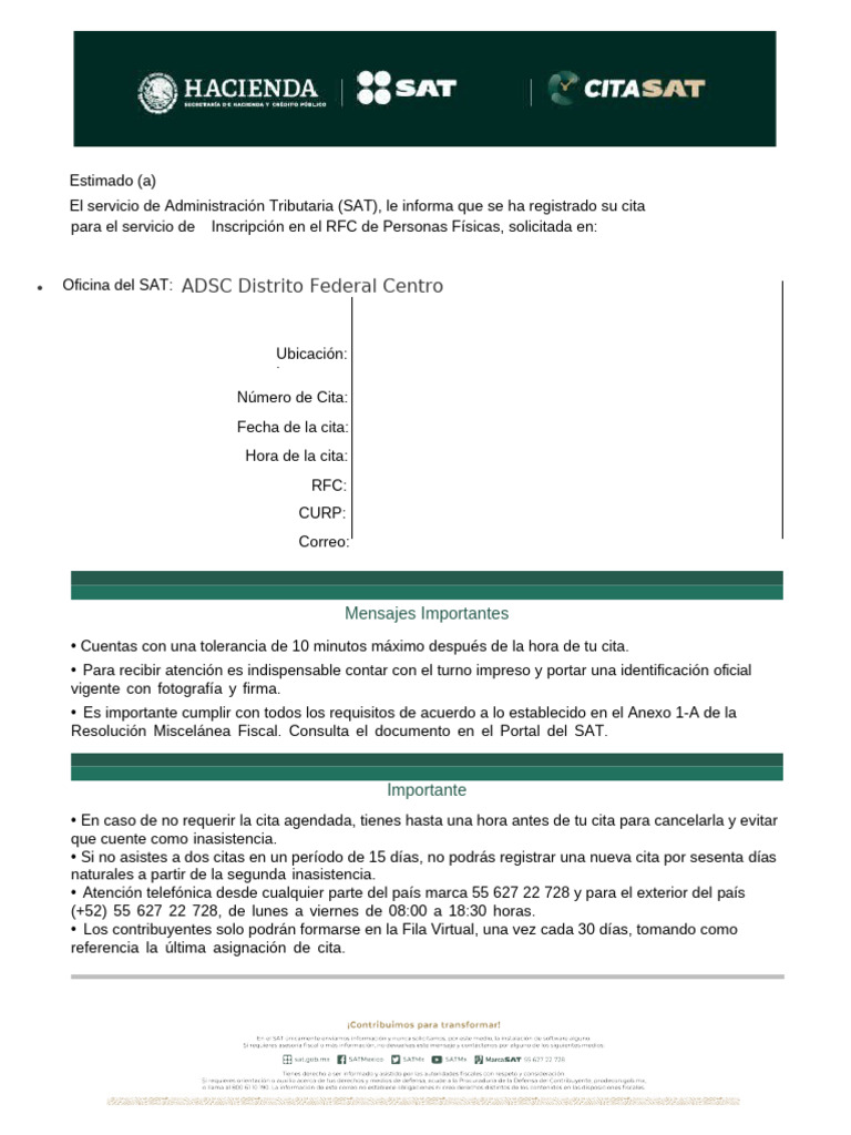 Acuse Cita Sat | PDF | Gobierno