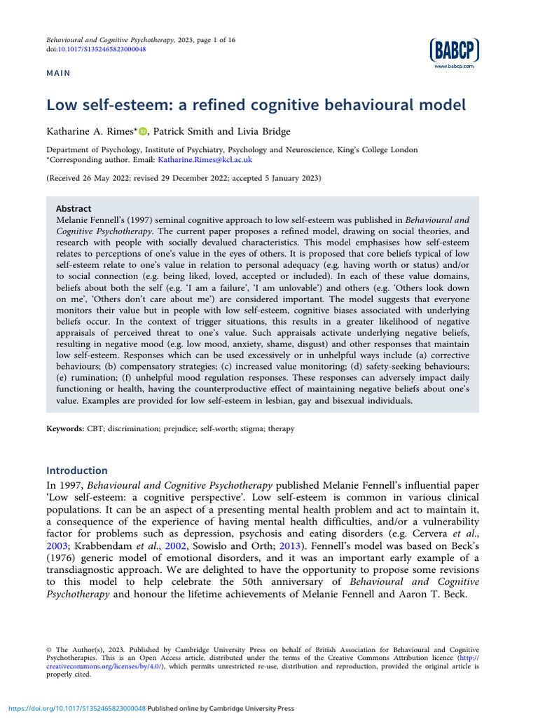Low Self-Esteem A Refined Cognitive Behavioural Mo | PDF | Self Esteem ...