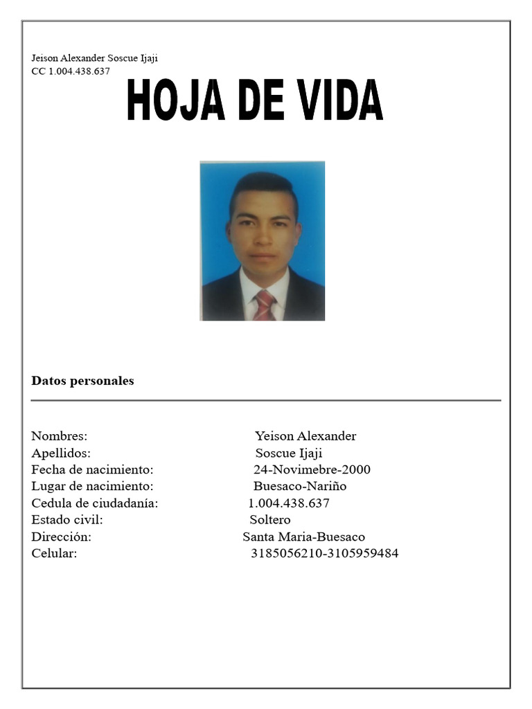 Hoja de Vida de Jeison Alexander Soscue OFICIAL LINIERO 1 | PDF