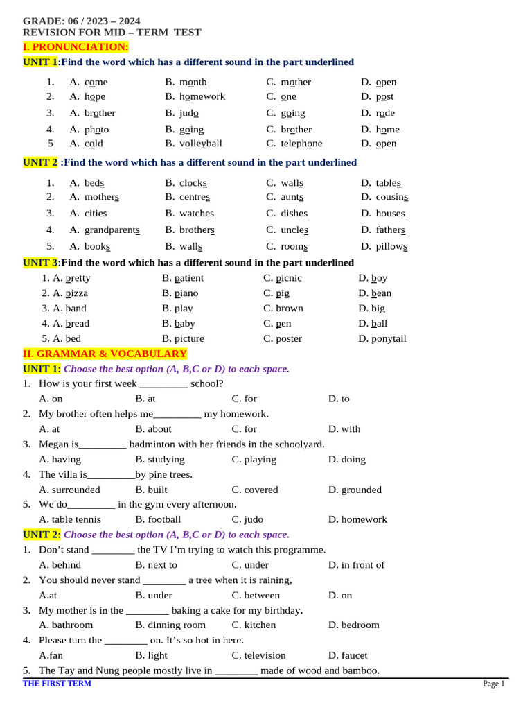 6th Grade Mid-Term Test Revision Guide | PDF