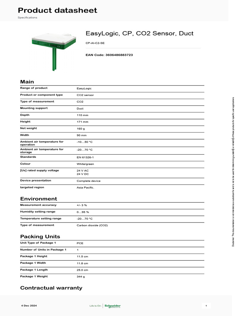 Schneider Electric - SpaceLogic-Duct-and-Plant-Room-Air-Quality-Sensors - CP-AI-C2-SE | PDF