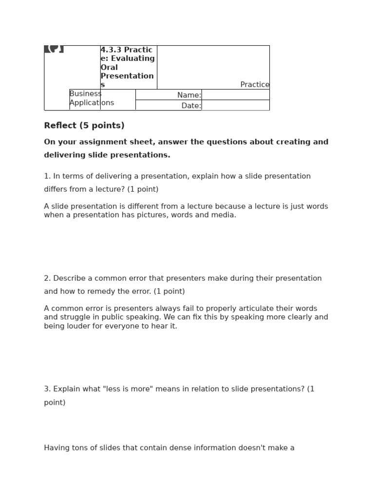 4 3 3 Practice Evaluating Oral Presentations Practice Pdf