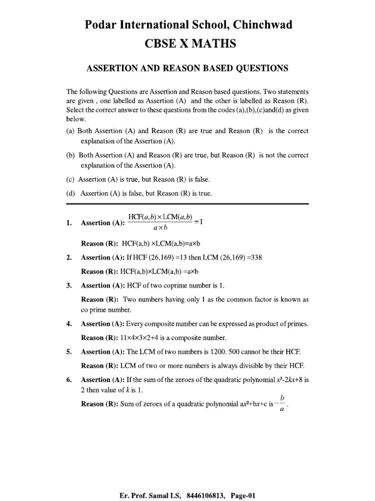 XTH Maths Assertion & R Questions (CBSE) | PDF