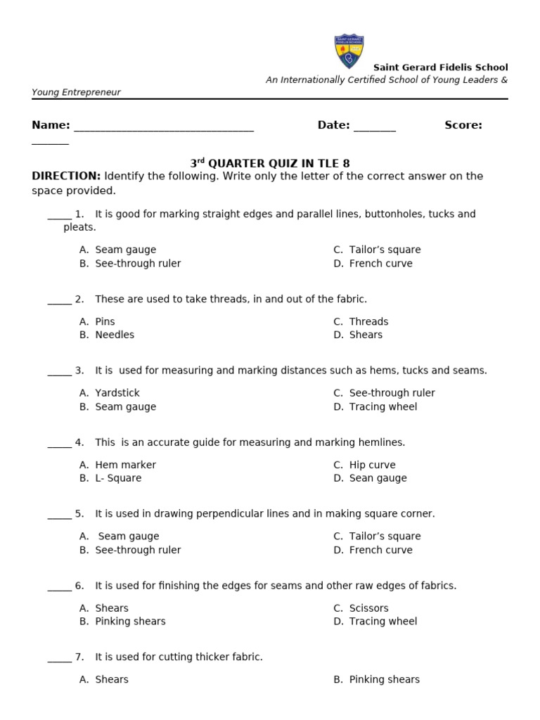 3rd Quarter Quiz in TLE 8 | PDF | Sewing | Sewing Machine