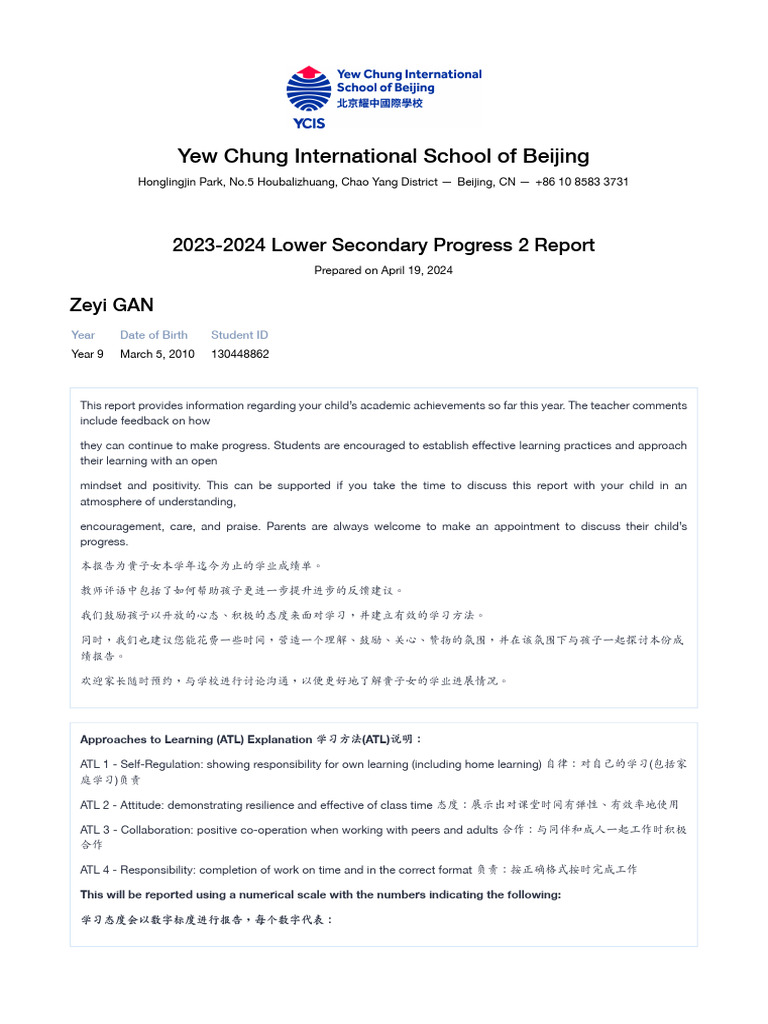 Yew Chung Beijing Year 9 Progress Report | PDF | Homework | Learning