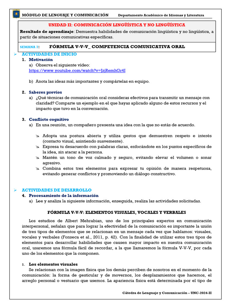 SEMANA 7. Fórmula VVV - Competencia Comunicativa | PDF | Comunicación | Planificación