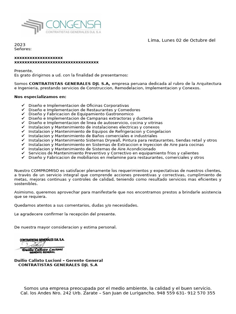 Carta de Presentacion Restaurantes CONGENSA | PDF | Diseño | Ingeniería
