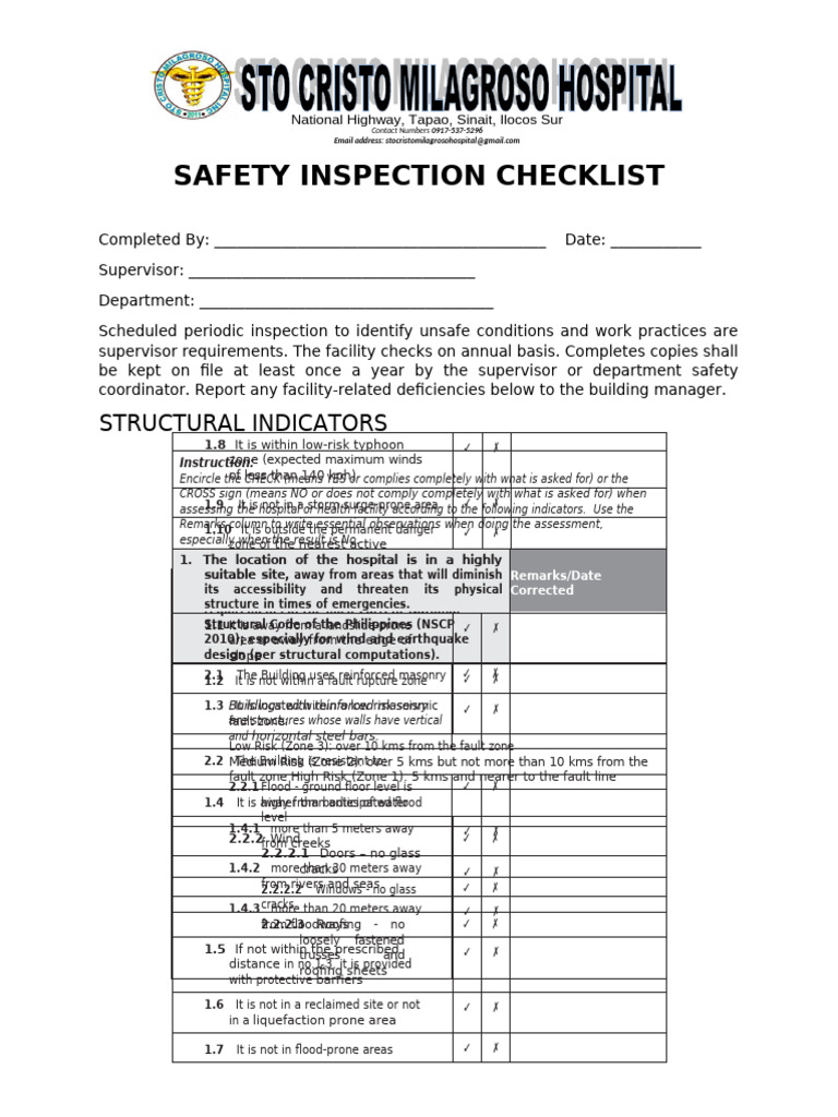 Hospital Safety Inspection Checklist | PDF | Door | Emergency Management