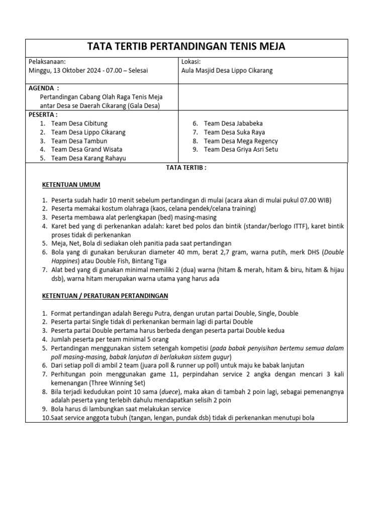Tata Tertib Pertandingan Tenis Meja | PDF