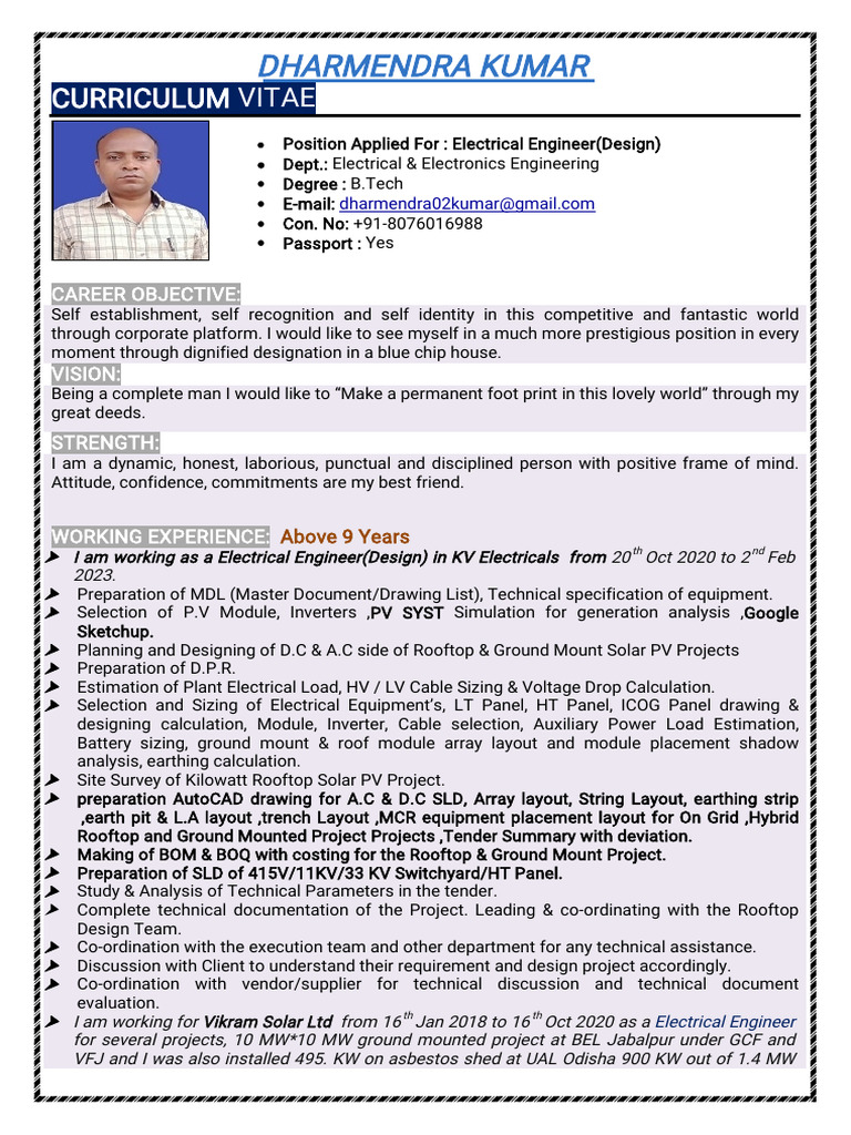 dharmendra cv - Design-2 | PDF | Photovoltaic System | Electricity