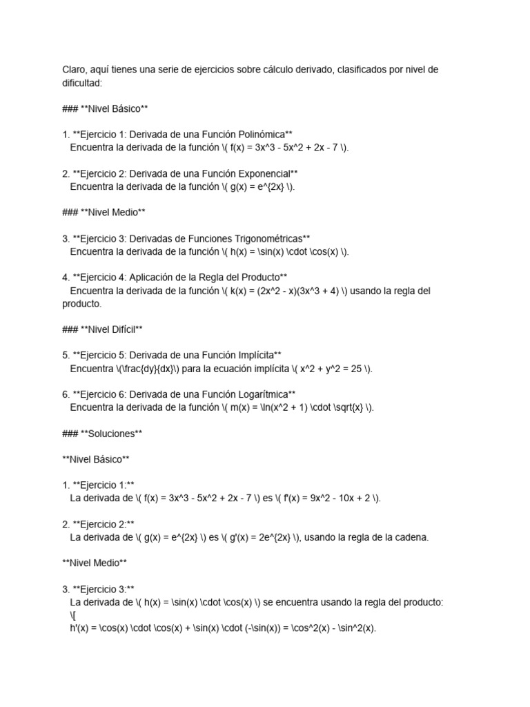 Calculo derivado ejercicios | PDF