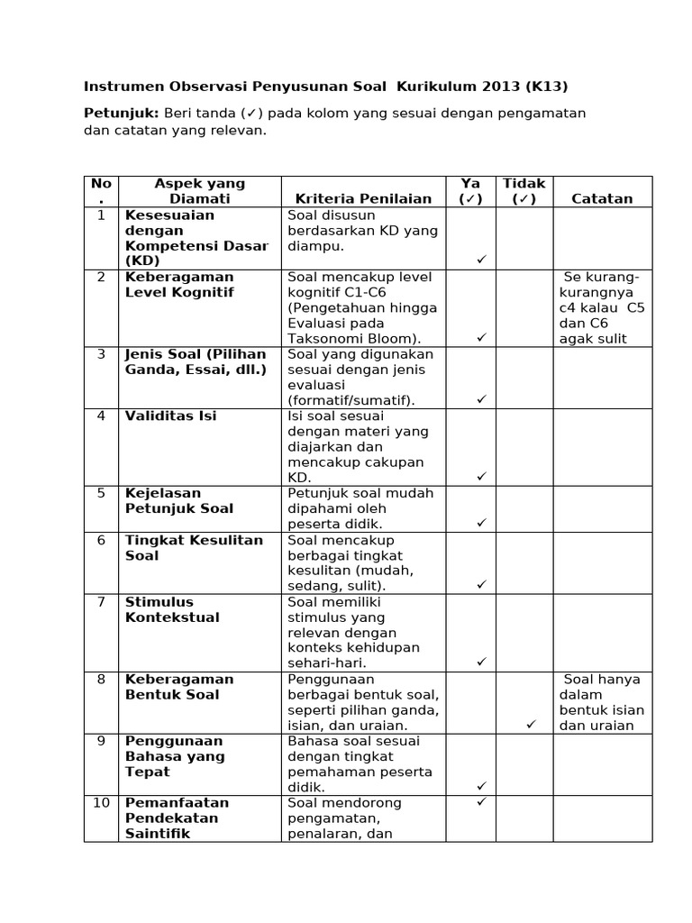 Instrumen Observasi Penyusunan Soal Kurikulum 2013 (K13) | PDF