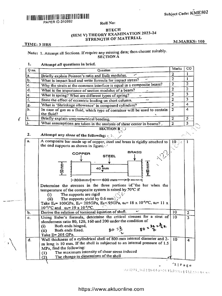 Btech Me 5 Sem Strength of Material Kme502 Jan 2024 | PDF