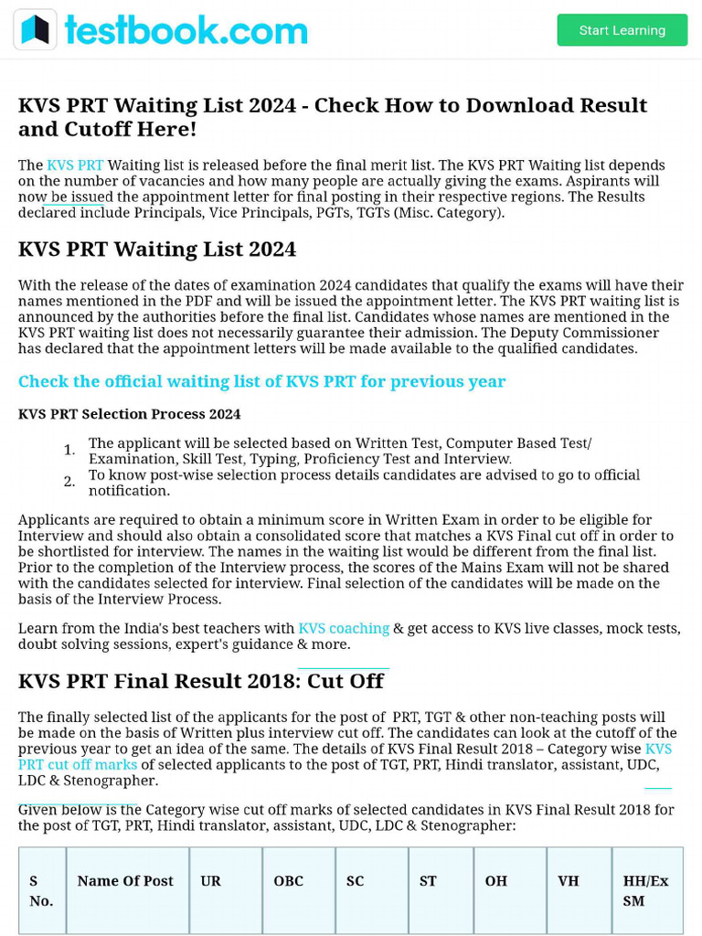 KVS PRT Waiting List 2024 - Check How To Download Result and Cutoff ...