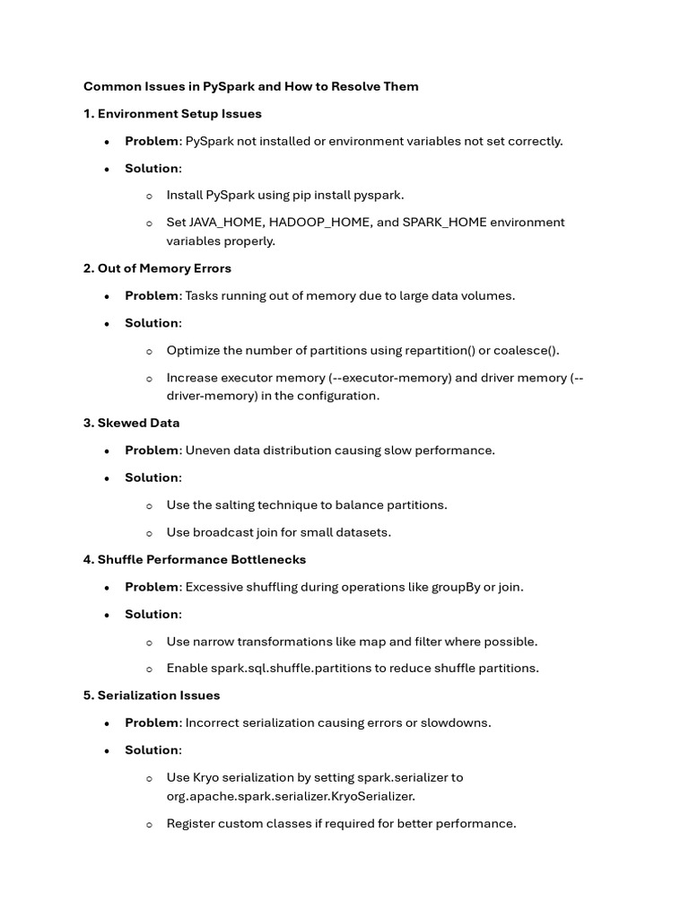 Common Issues in PySpark and How to Resolve Them | PDF | Apache Spark | Computer Cluster