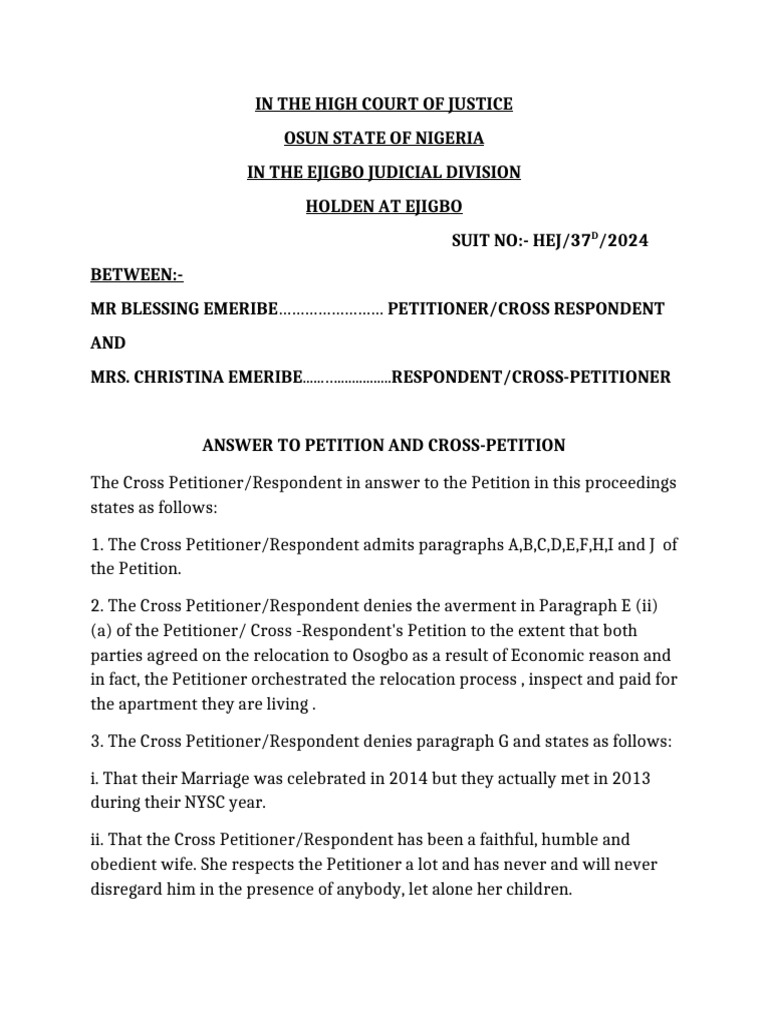 Mrs Christina Answer To Petition | PDF | Affidavit | Social Institutions