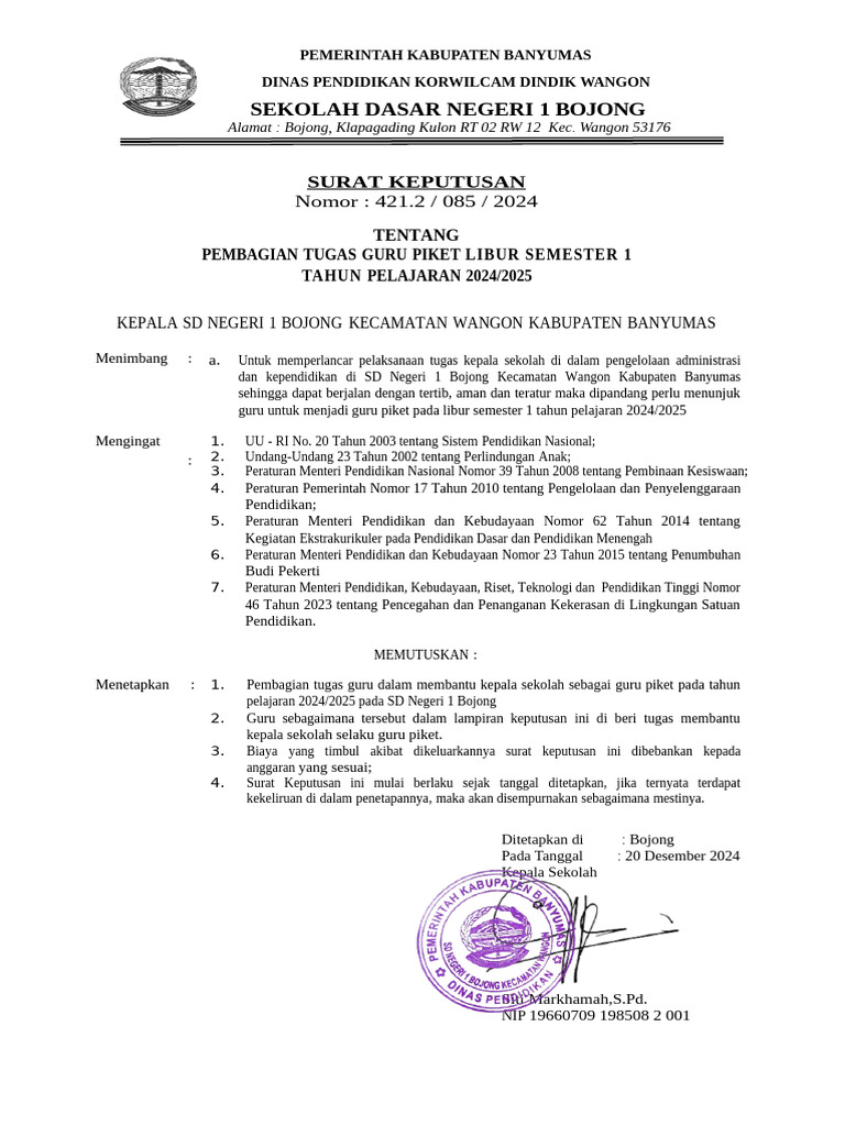 SK Piket Libur Semester 1 2024-2025 | PDF