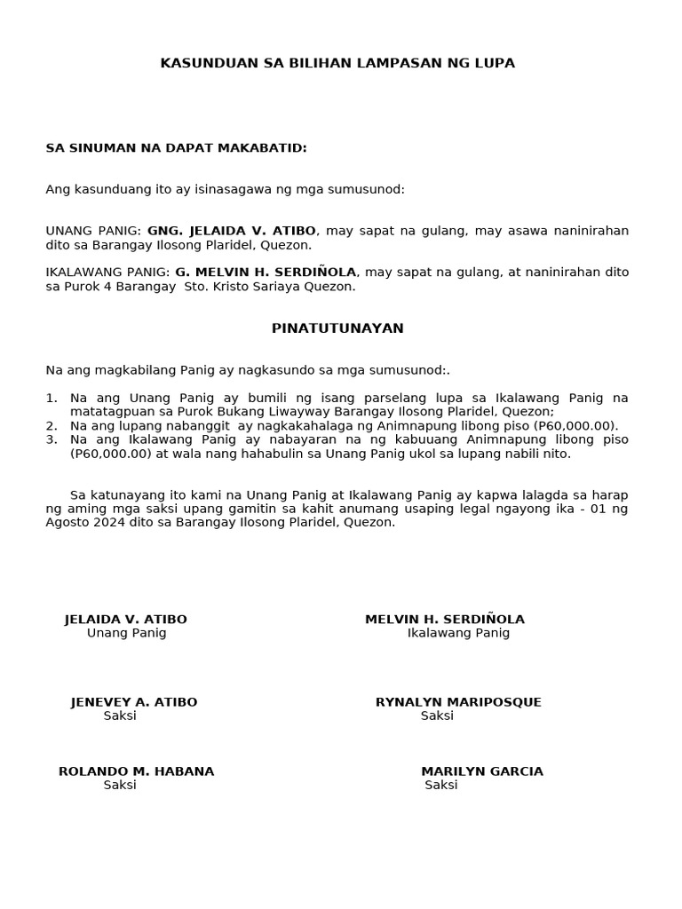 Kasunduan Sa Bilihan Lampasan NG Lupa | PDF