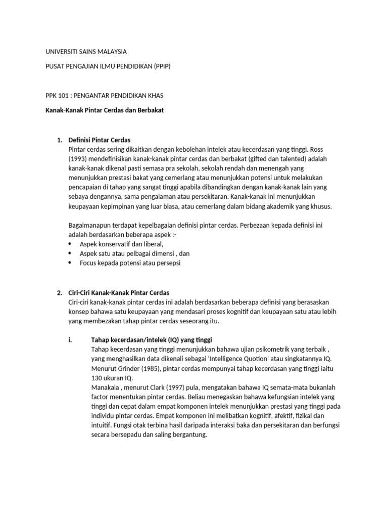 PPK 101 KANAK-KANAK PINTAR CERDAS DAN BERBAKAT | PDF