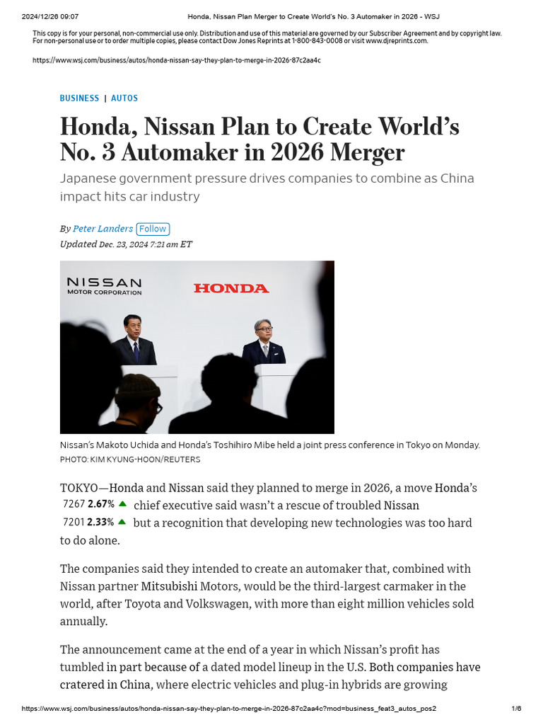 Honda, Nissan Plan Merger To Create World's No. 3 Automaker in 2026 ...