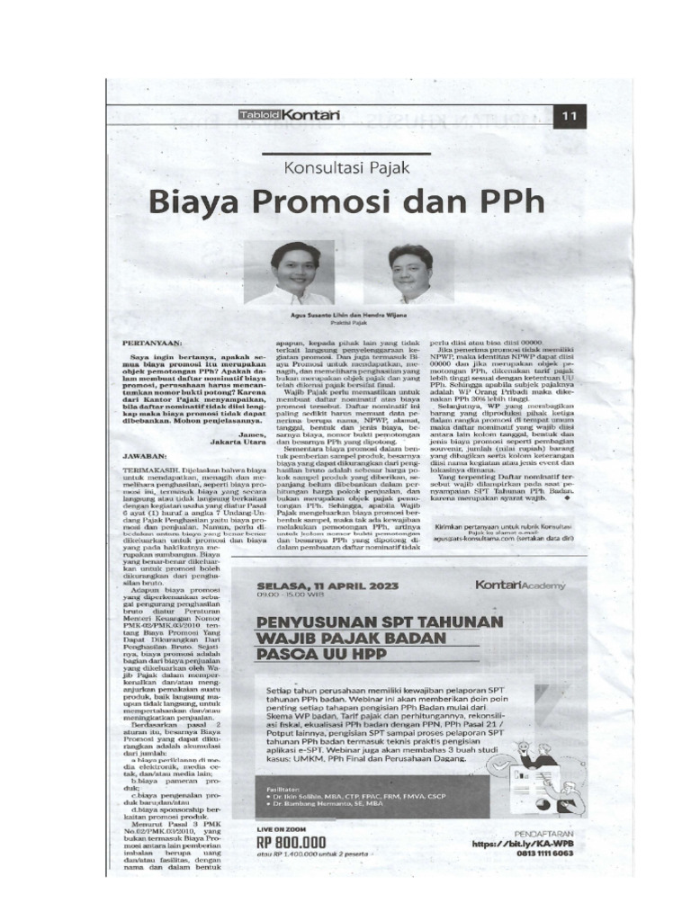 PPH - Biaya Promosi Tabloid Kontan | PDF