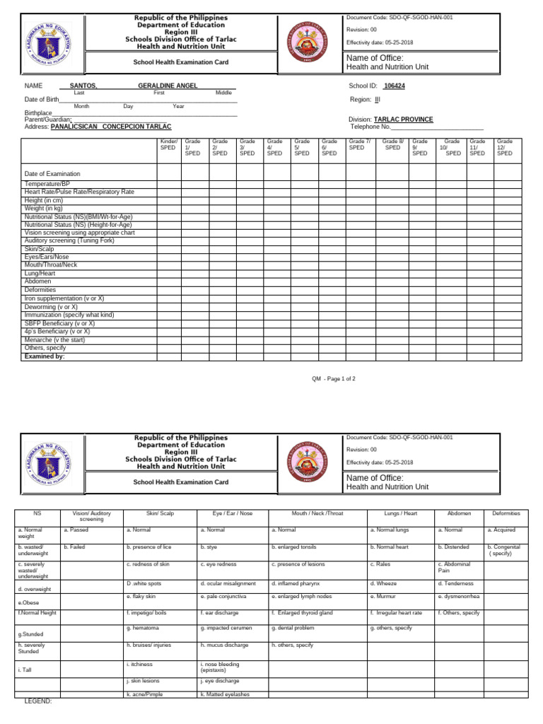 SHN-Form-001-School-Health-Examination-Card-Elementary | PDF | Medical ...