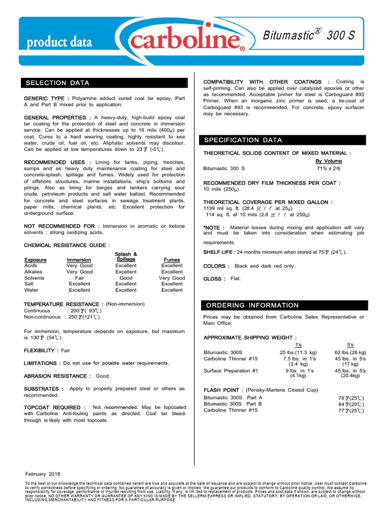 Bitumastic 300S - Eng (Rev.2015) | PDF | Epoxy | Water