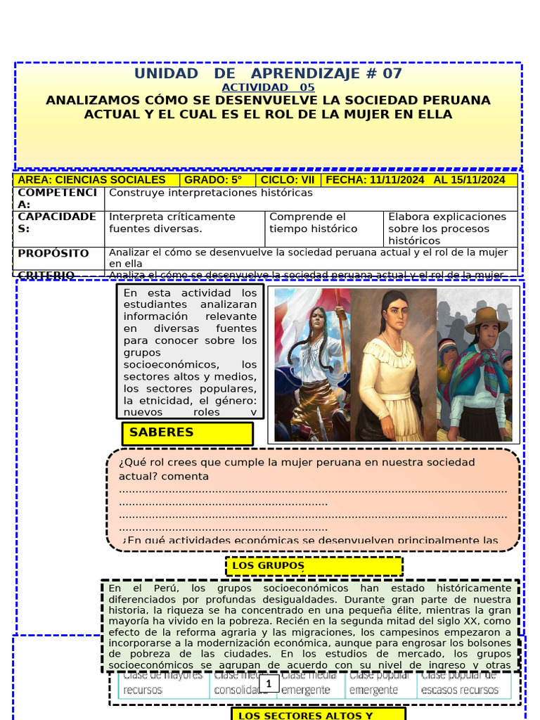 Actividad 5 CCSS 5° Unidad 7 | PDF | Mujer | Perú