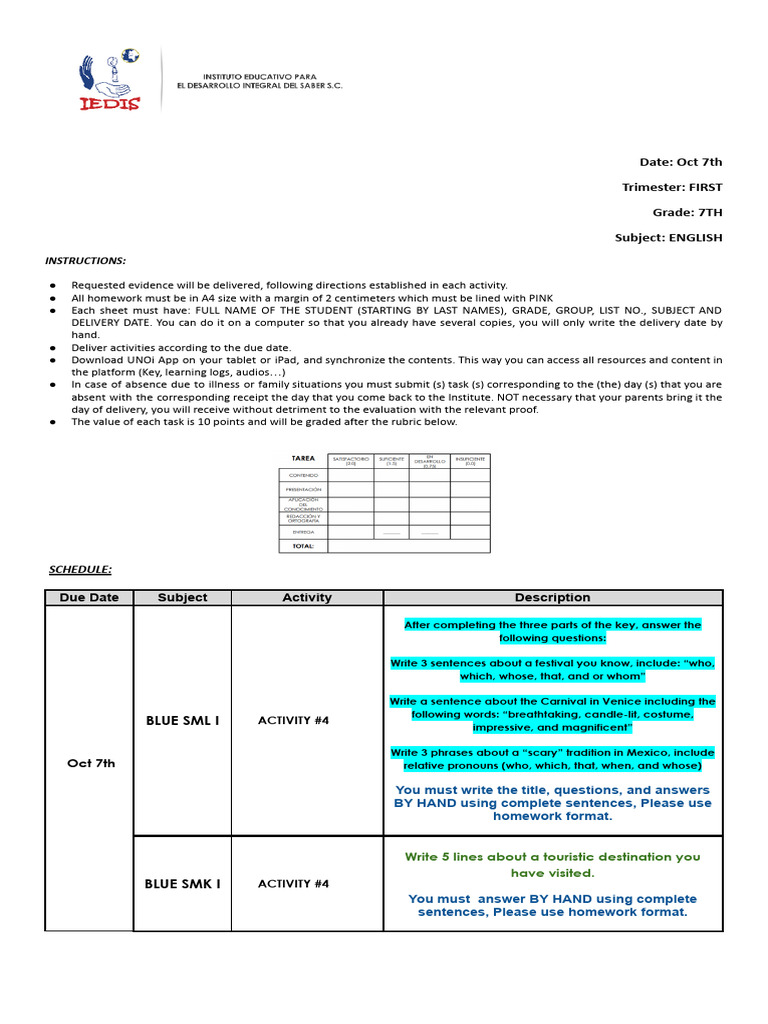 1T BLUE 7TH HW4 Oct 7th Miss Gaby.docx | PDF