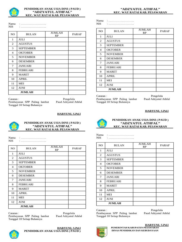 Kartu SPP Paud Adzyatul Athfal | PDF