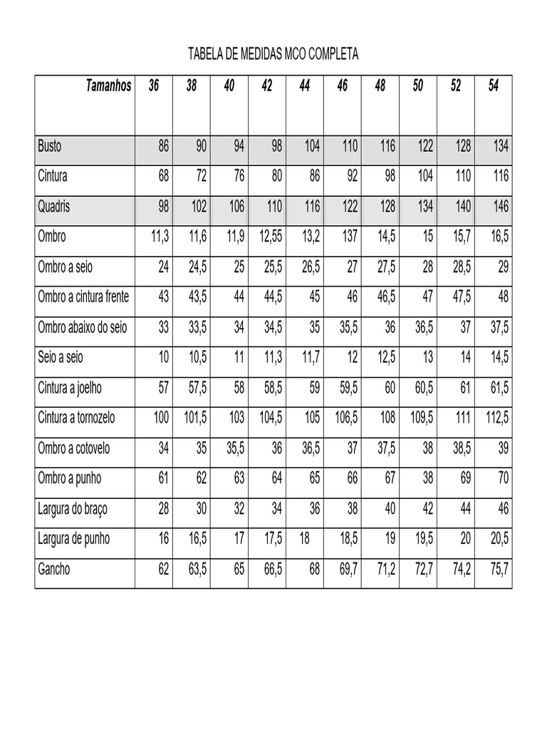 Tabela de Medidas Completa | PDF | Roupas | Setor secundário da economia