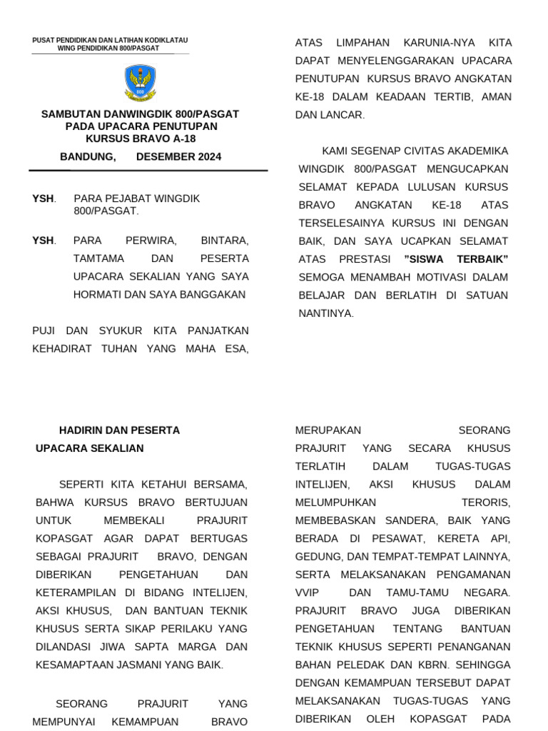 Sambutan Tupdik Susbravo Xviii 2024 | PDF