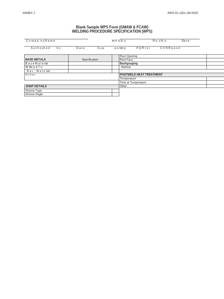 J 2 WPS GMAW FCAW D11 2020 Form | PDF