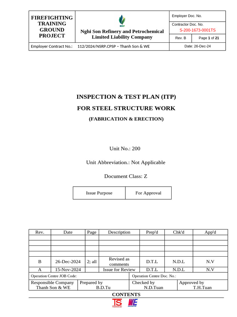 S-200-1673-0001TS_B - ITP for Steel Structure Work | PDF ...