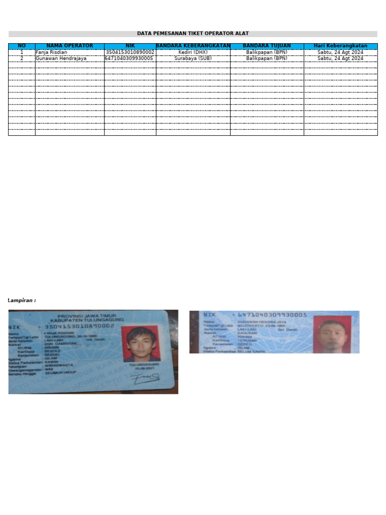 Data Pemesanan Tiket Operator Alat | PDF