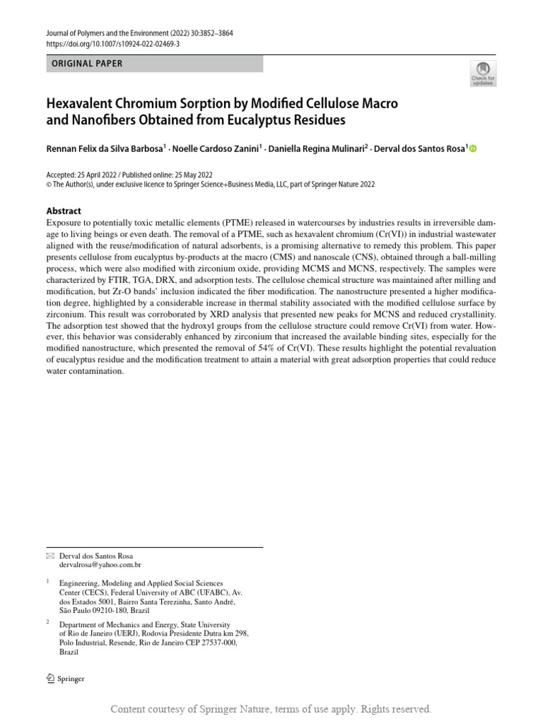 Hexavalent Chromium Sorption By Modified Cellulose Pdf