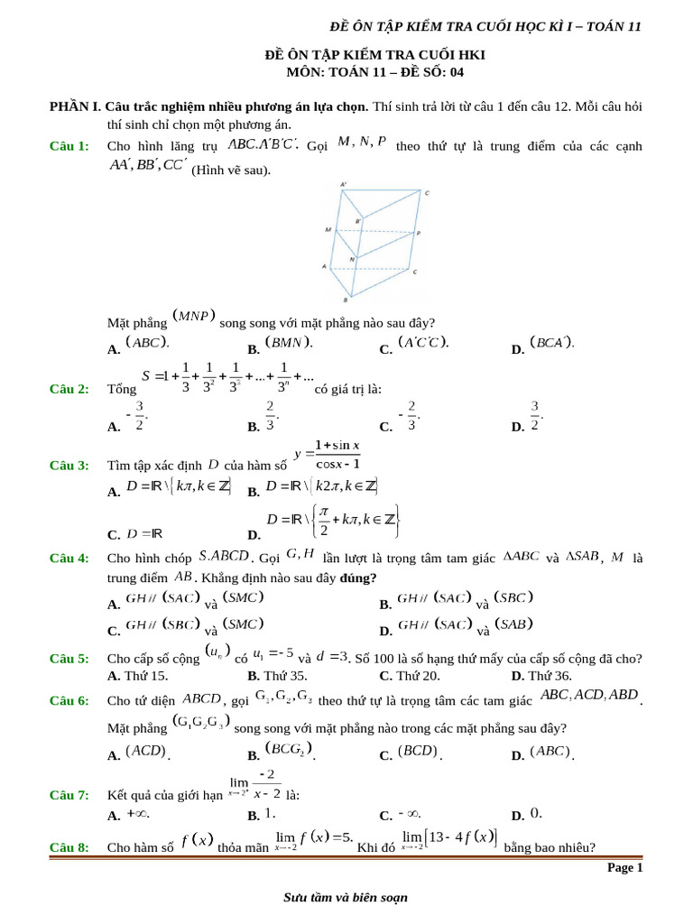 De So 04 On Tap Cuoi Ki 1 Toan 11 KNTT - CTM - HDG | PDF