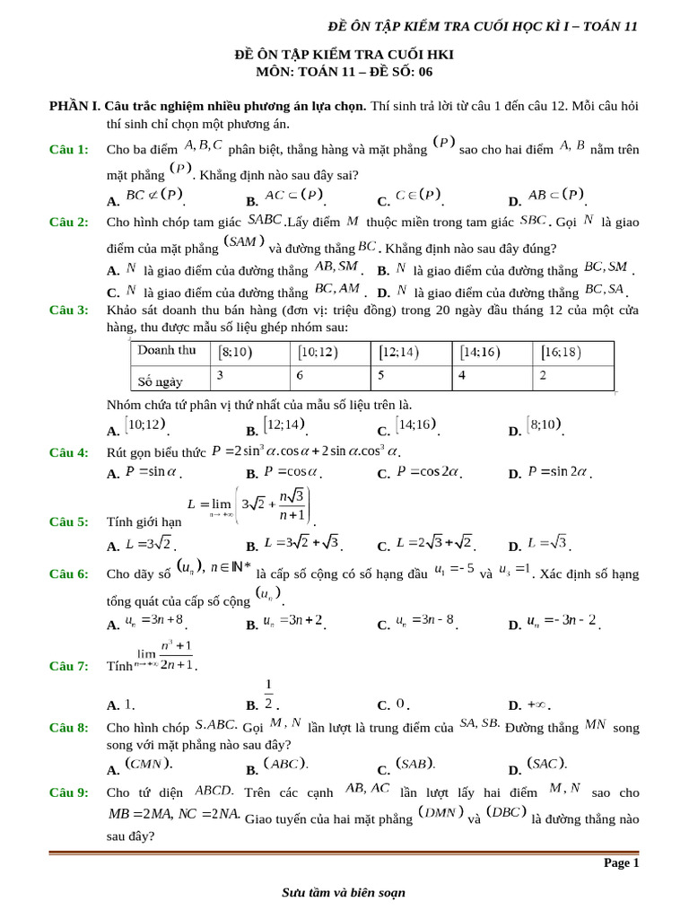 De So 06 On Tap Cuoi Ki 1 Toan 11 KNTT - CTM - HDG | PDF