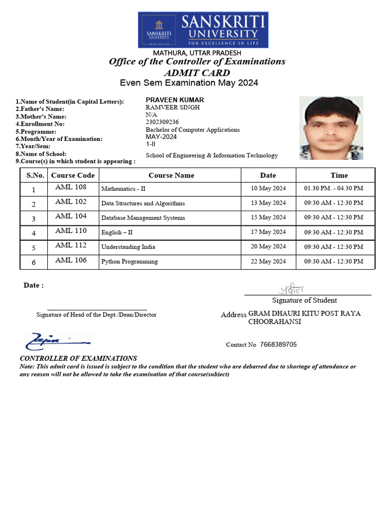 May 2024 BCA Admit Card - Mathura | PDF