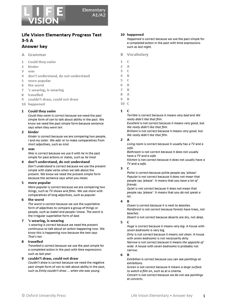 Lif Visi Ele Progress 3-5a Answer Key | PDF
