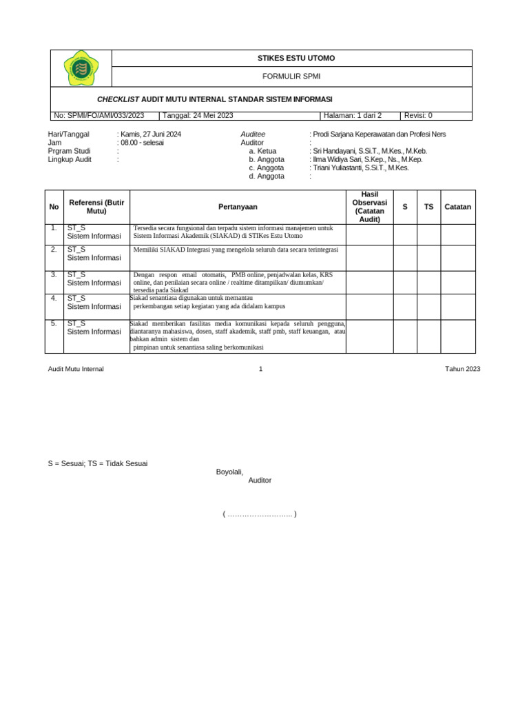 Checklist AMI Standar Tambahan-7. Sistem Informasi 2023 | PDF