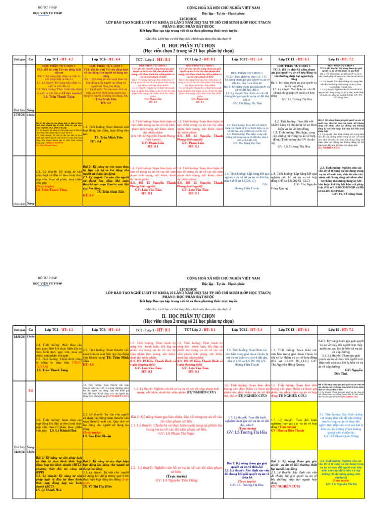 LỊCH TC L25.2 (T7&CN) TPHCM | PDF