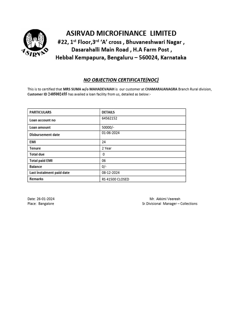 Asirvad Microfinance NOC for Mrs. Suma | PDF