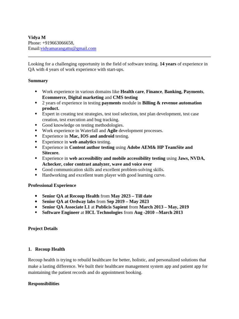 Vidya M QA Resume | PDF | Ios | Android (Operating System)